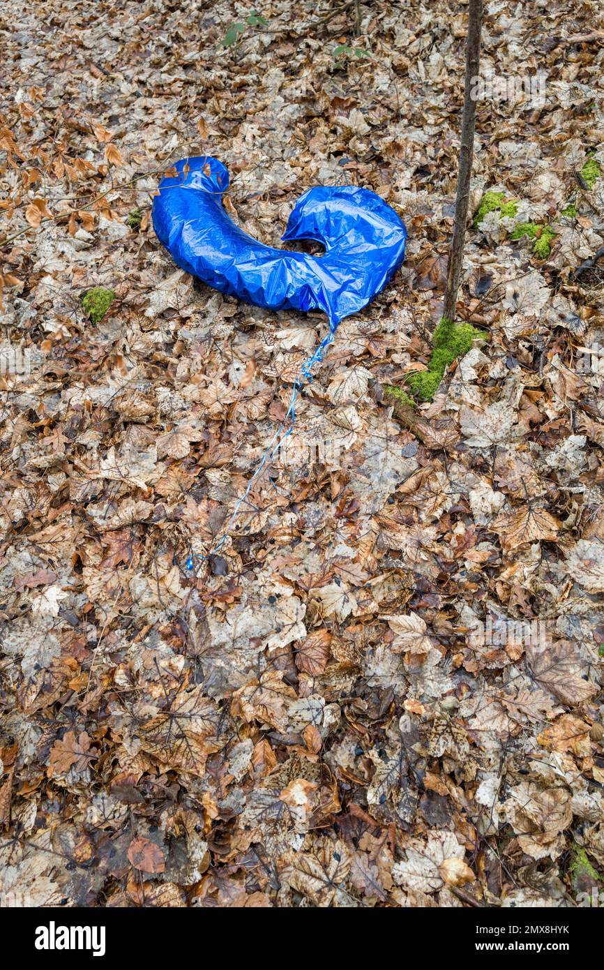 Plastic blue balloon in the shape of a number six or number nine laying ...