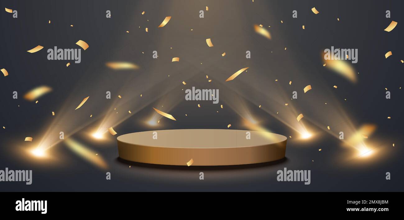 Gold confetti with award podium and spotlights. Winner vector ...