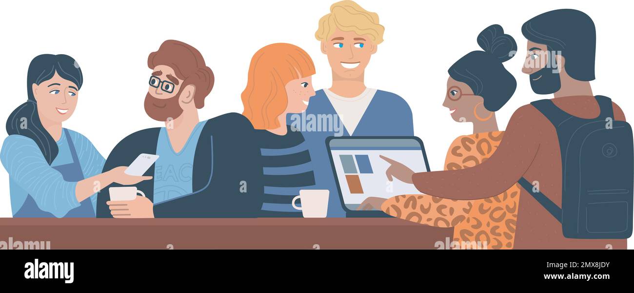 Happy friends together. Young people communicating and working ...