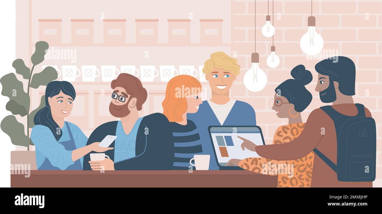 Happy friends together. Young people communicating and working at ...