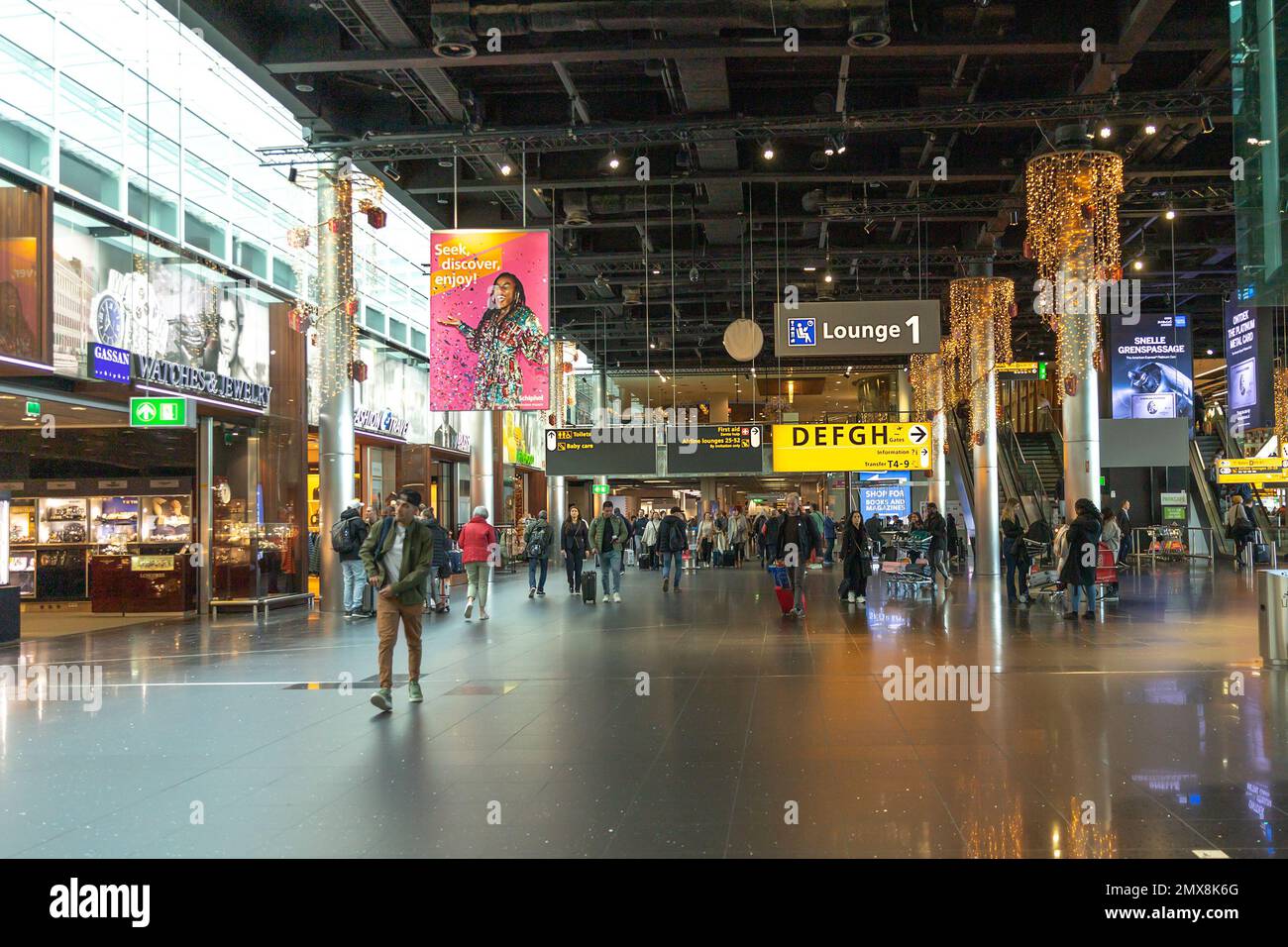 Interiors of the Amsterdam Airport Schiphol, Netherlands. Inside duty ...