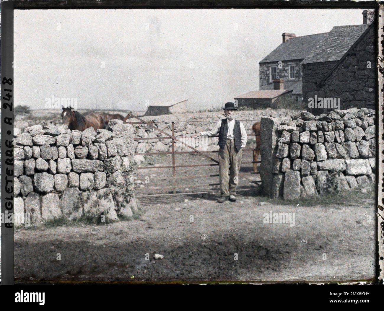 Cornwall, England farmer in front of his horses and his house , 1913 ...