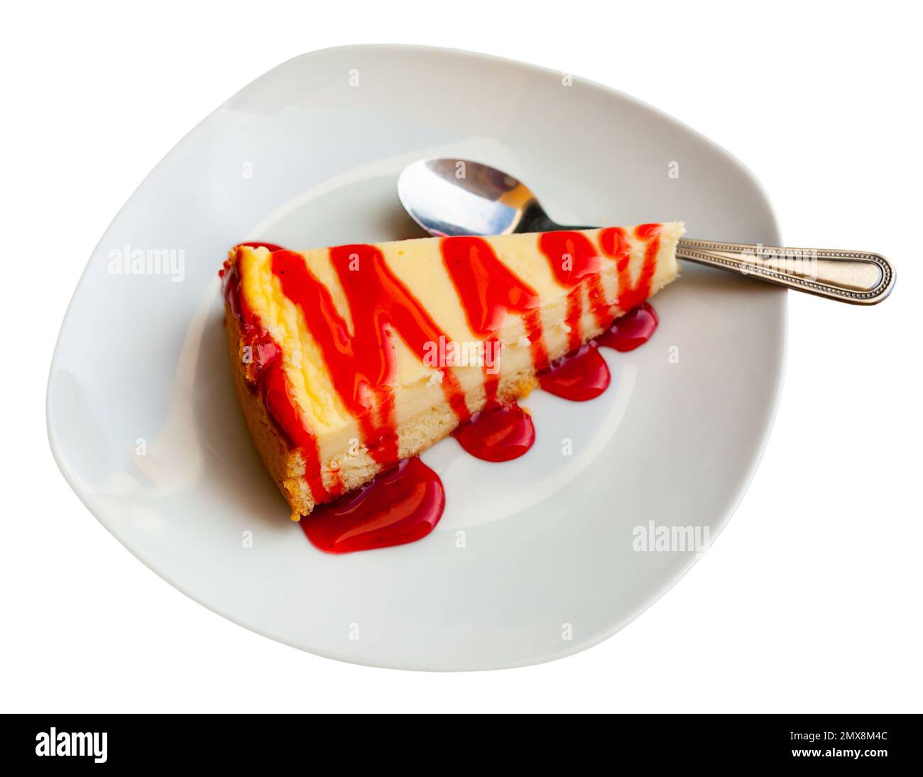 Slice of classic New York cheesecake with strawberry sauce Stock Photo ...