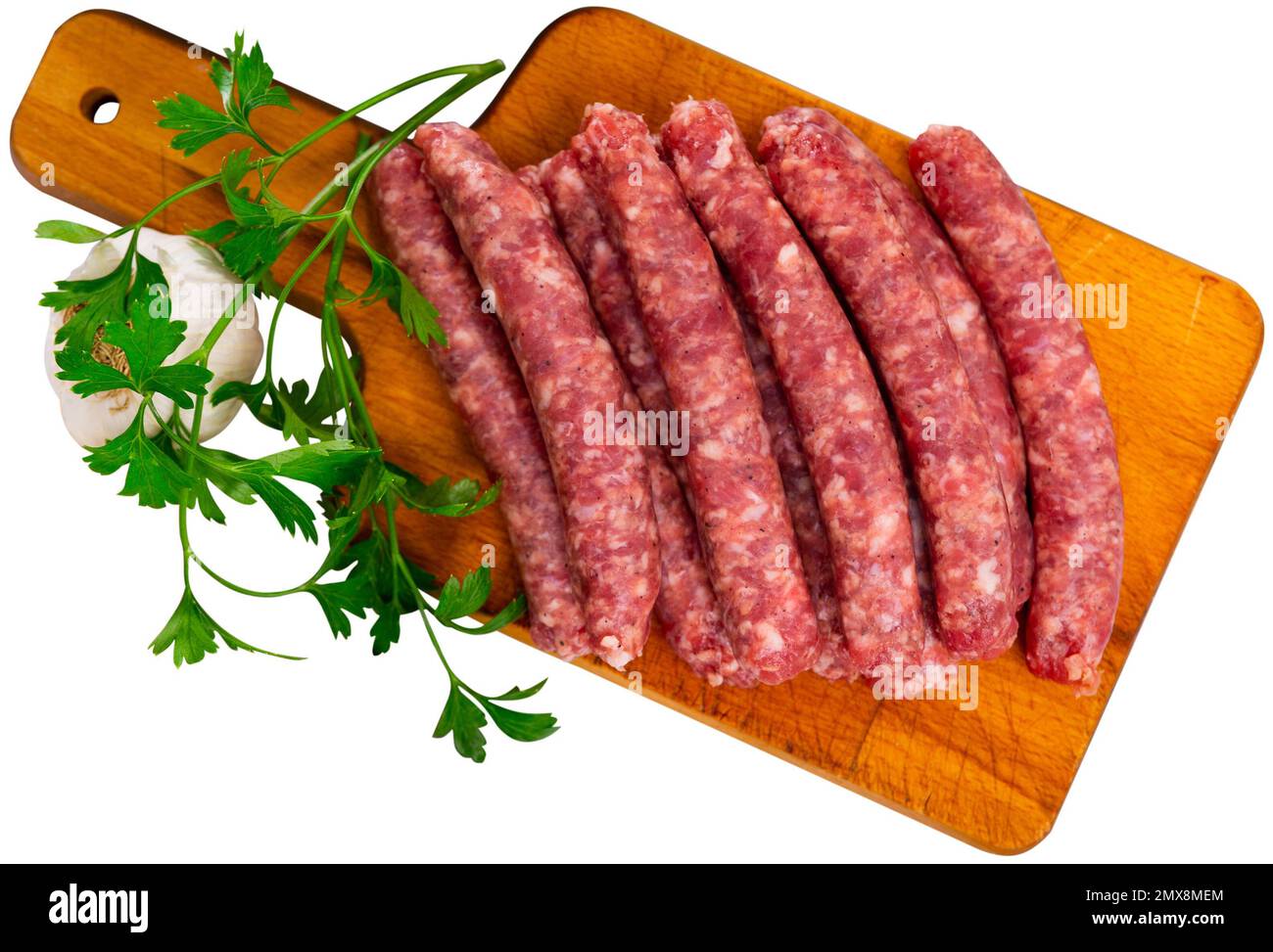 Fresh sausages longaniza on chopping board Stock Photo - Alamy