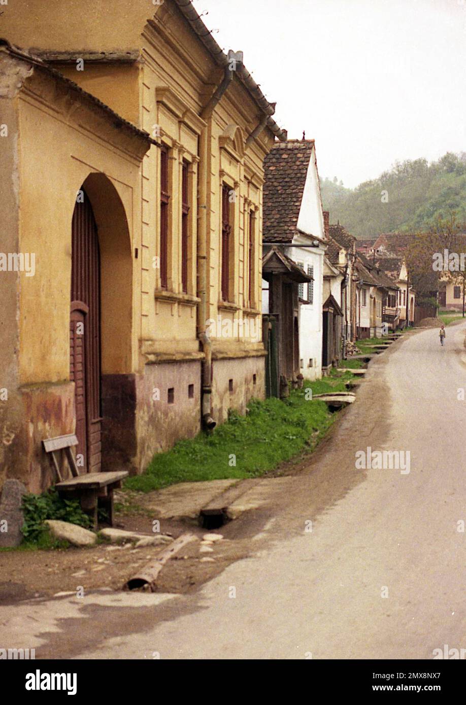 Old adjoined Saxon houses along a village road in Sibiu County, Romania ...