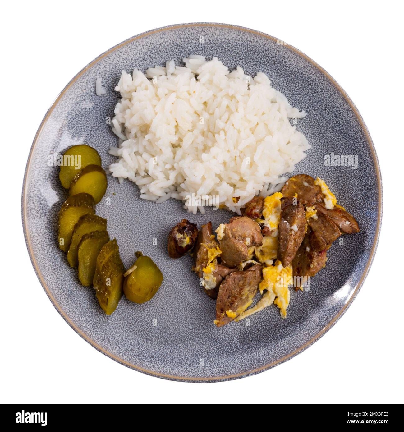 Fried omelette with rabbit liver, boiled rice and pickled cucumber ...