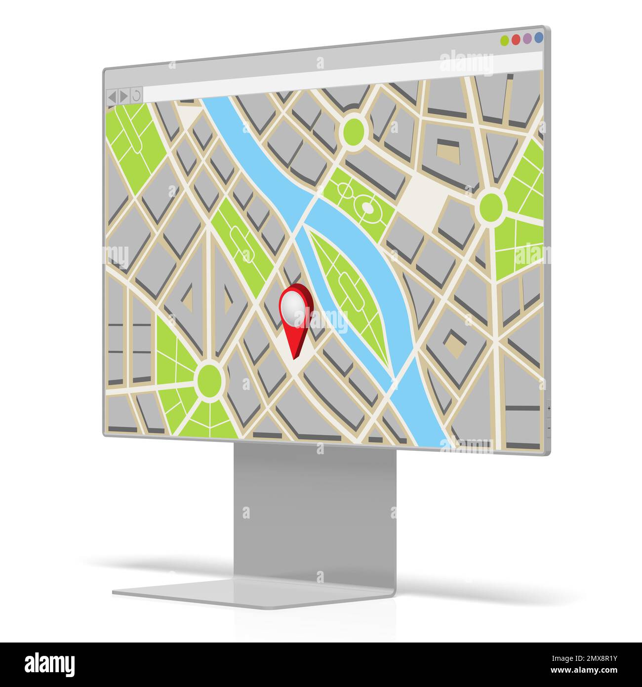 City map with location pin on computer monitor - 3D illustration Stock ...