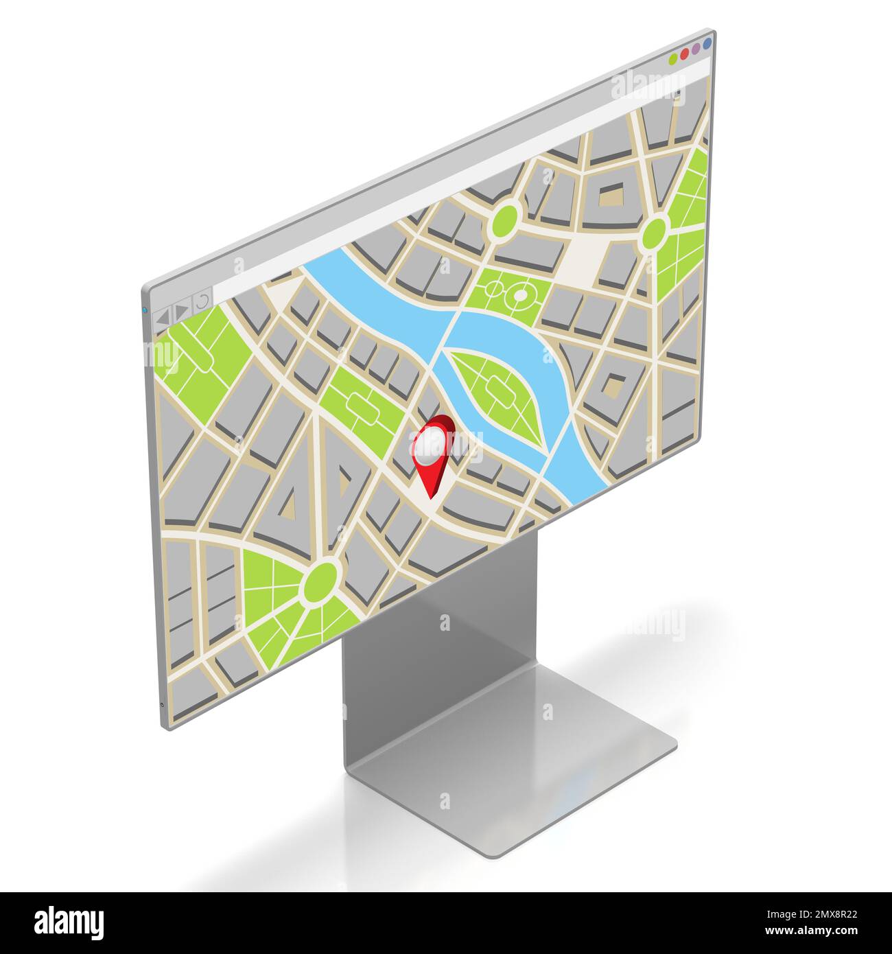 City map with location pin on computer monitor - 3D illustration Stock ...