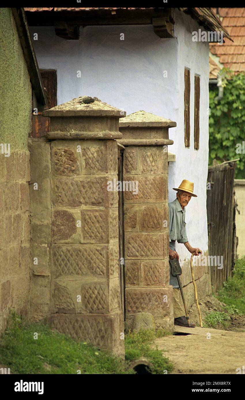 Elderly man walking with the help of two canes in Romania's countryside ...