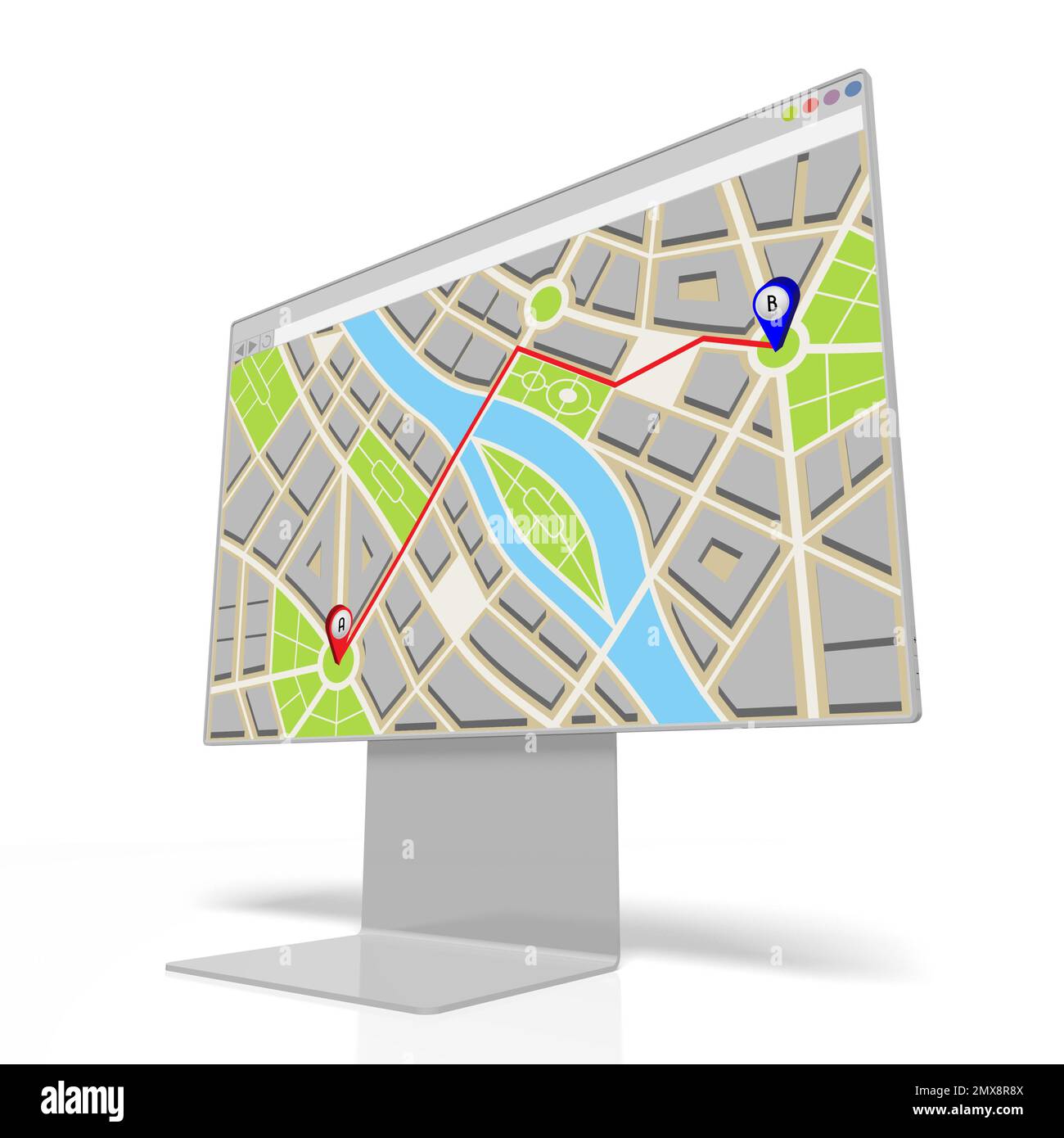 City map with market route by two pins on computer monitor - 3D ...