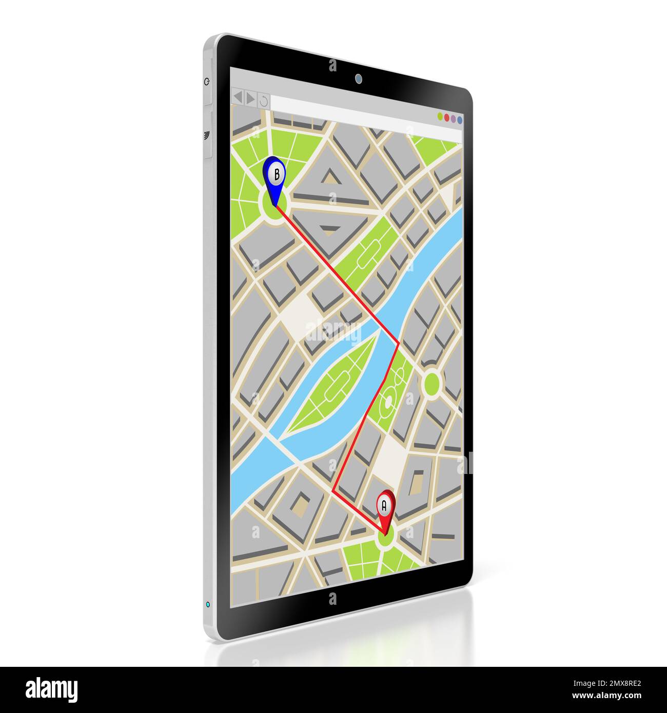 City map with market route by two pins on a tablet - 3D illustration ...