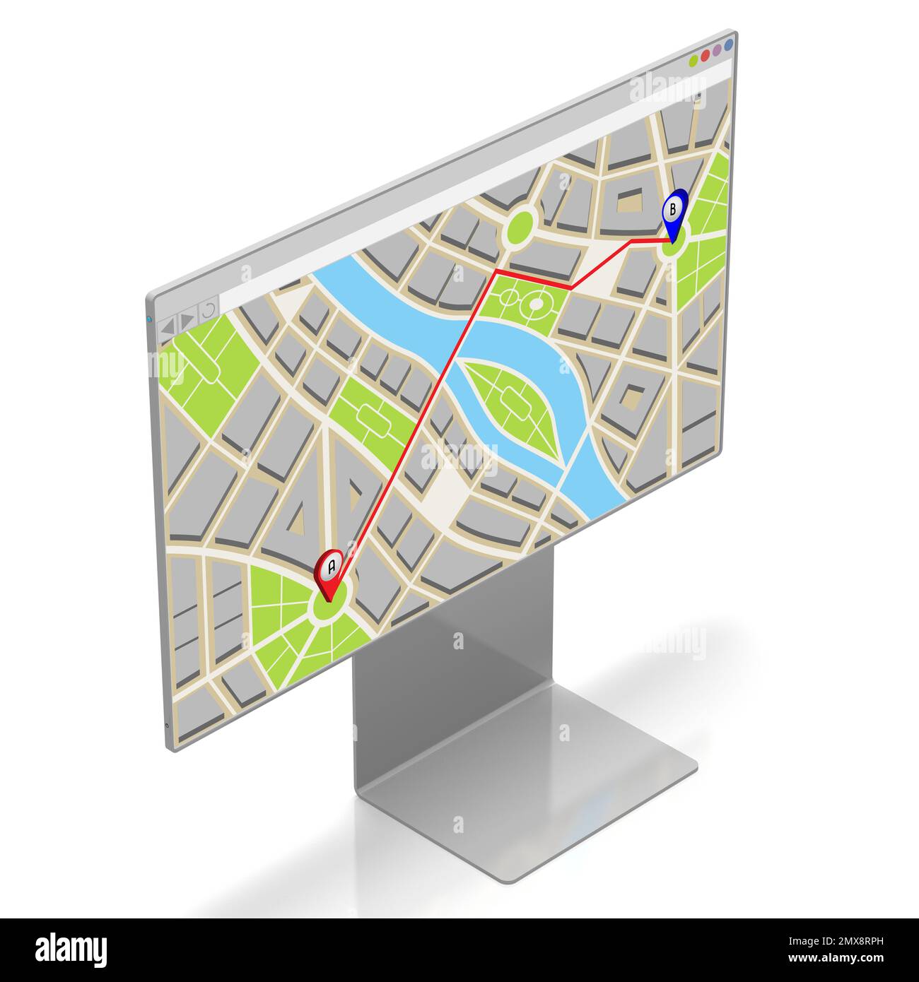 City map with market route by two pins on computer monitor - 3D ...
