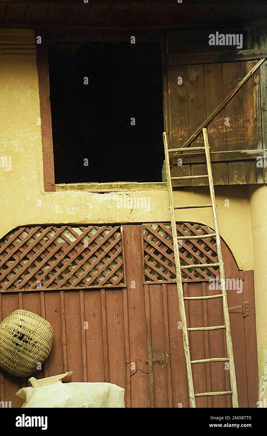 Sibiu County, Romania, approx. 1999. Ladder and door of a barn's hay ...