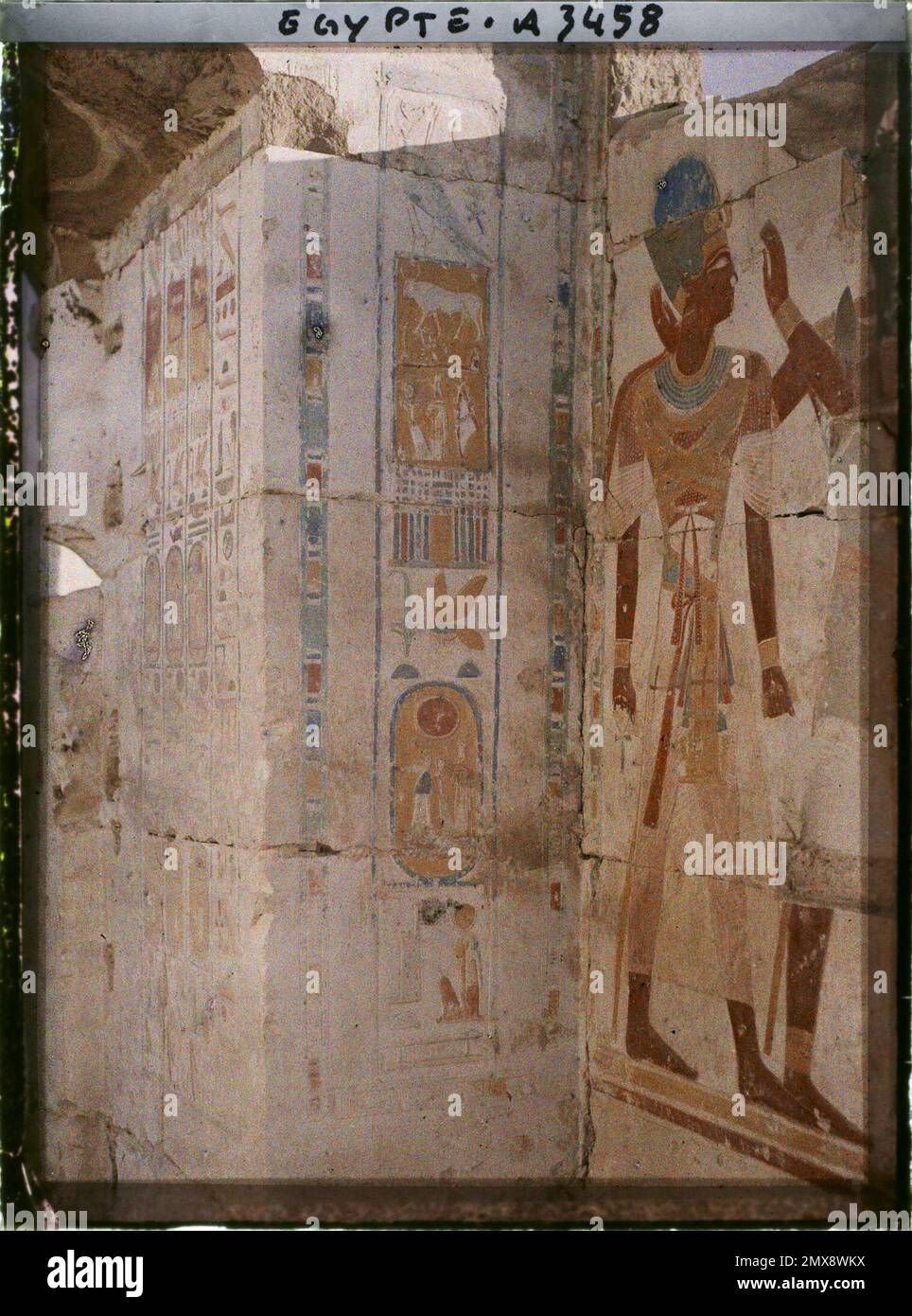 Abydos, Egypt, Africa bas-reliefs painted inside the Ramses II temple ...