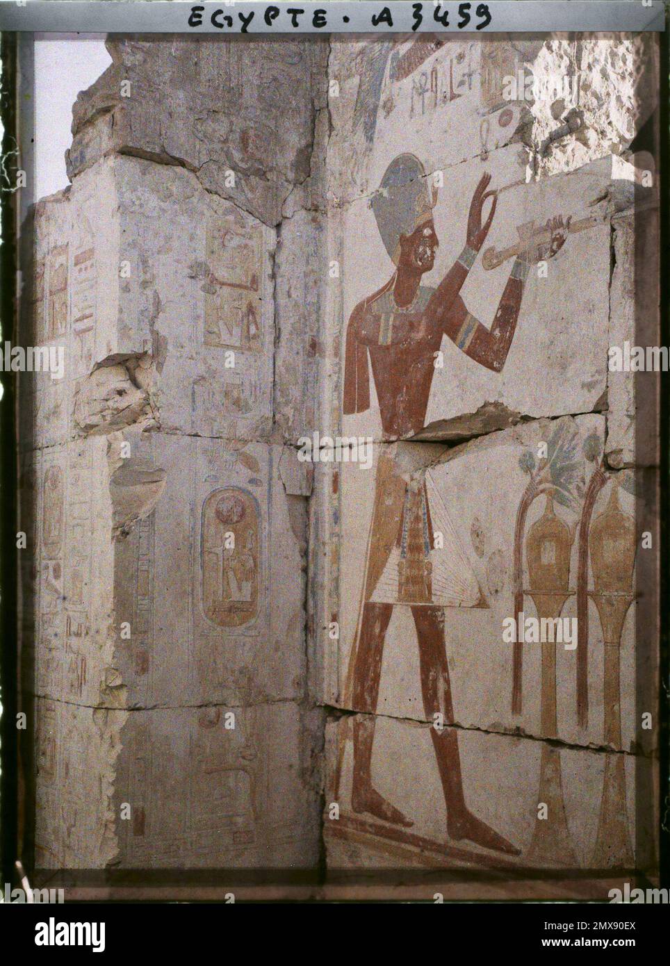 Abydos, Egypt, Africa bas-reliefs painted inside the Ramses II temple ...