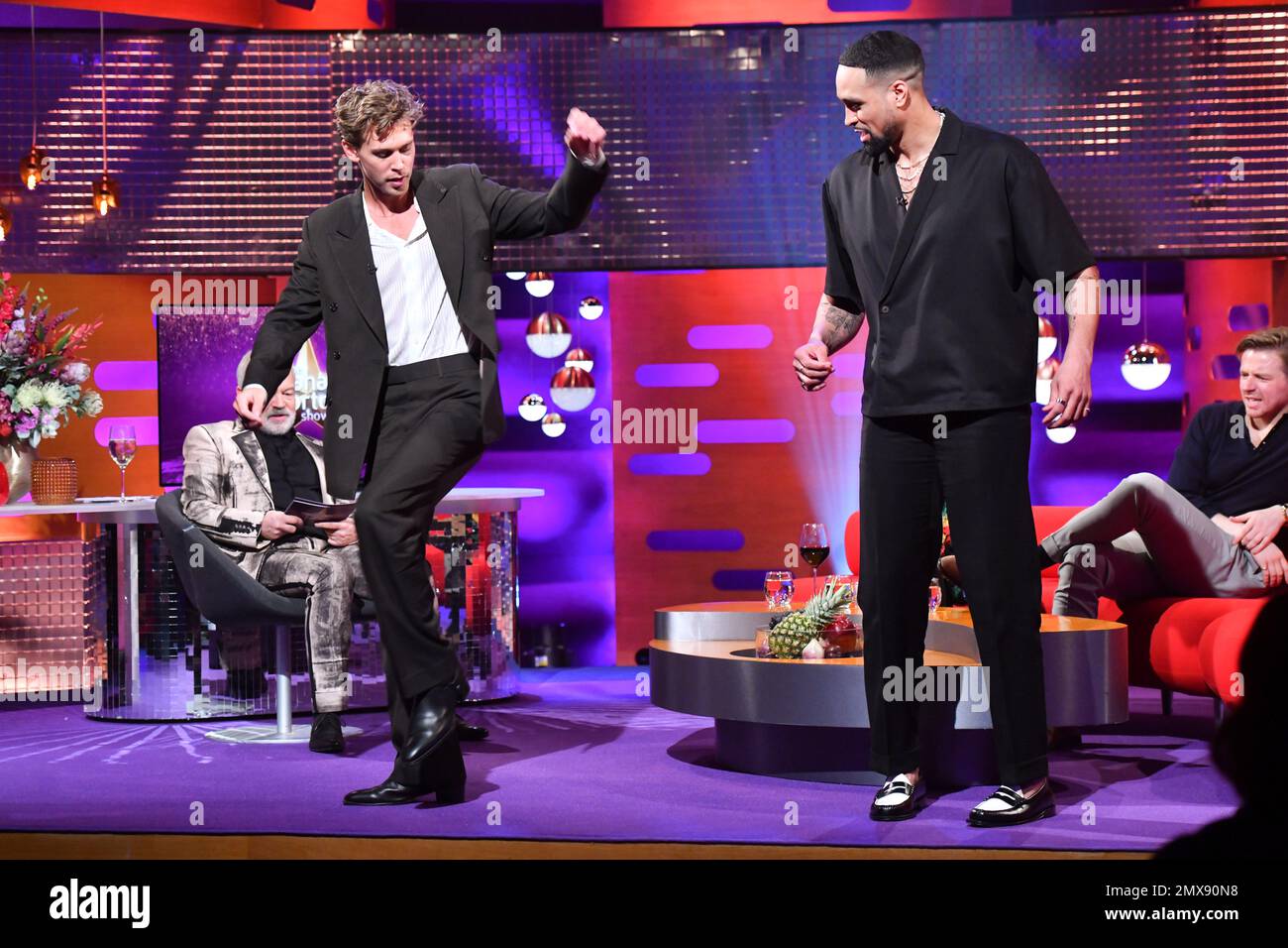 EDITORIAL USE ONLY Austin Butler and Ashley Banjo during the filming ...