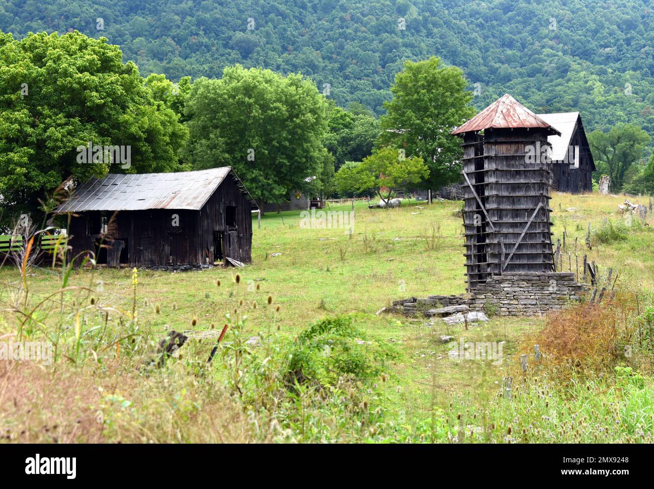 Aging farm has two barns and an octagon shaped, wooden silo. All are ...