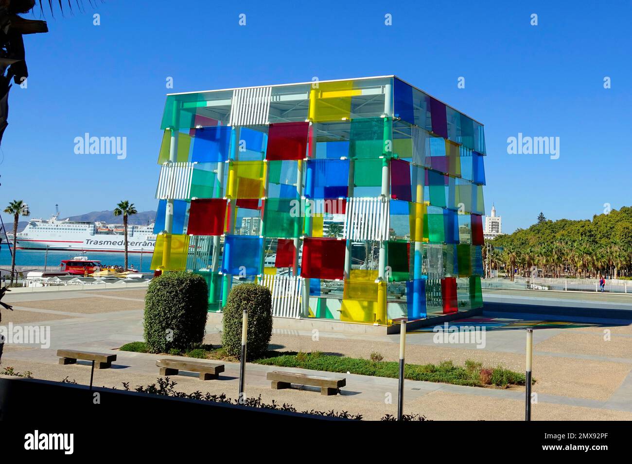 Multicolored glass cube in contemporary art museum Pompidou centre ...