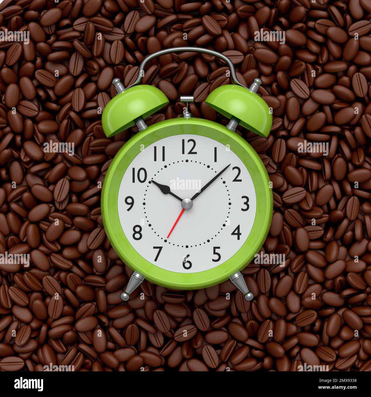 Vintage alarm clock with roasted coffee beans spread out as background ...