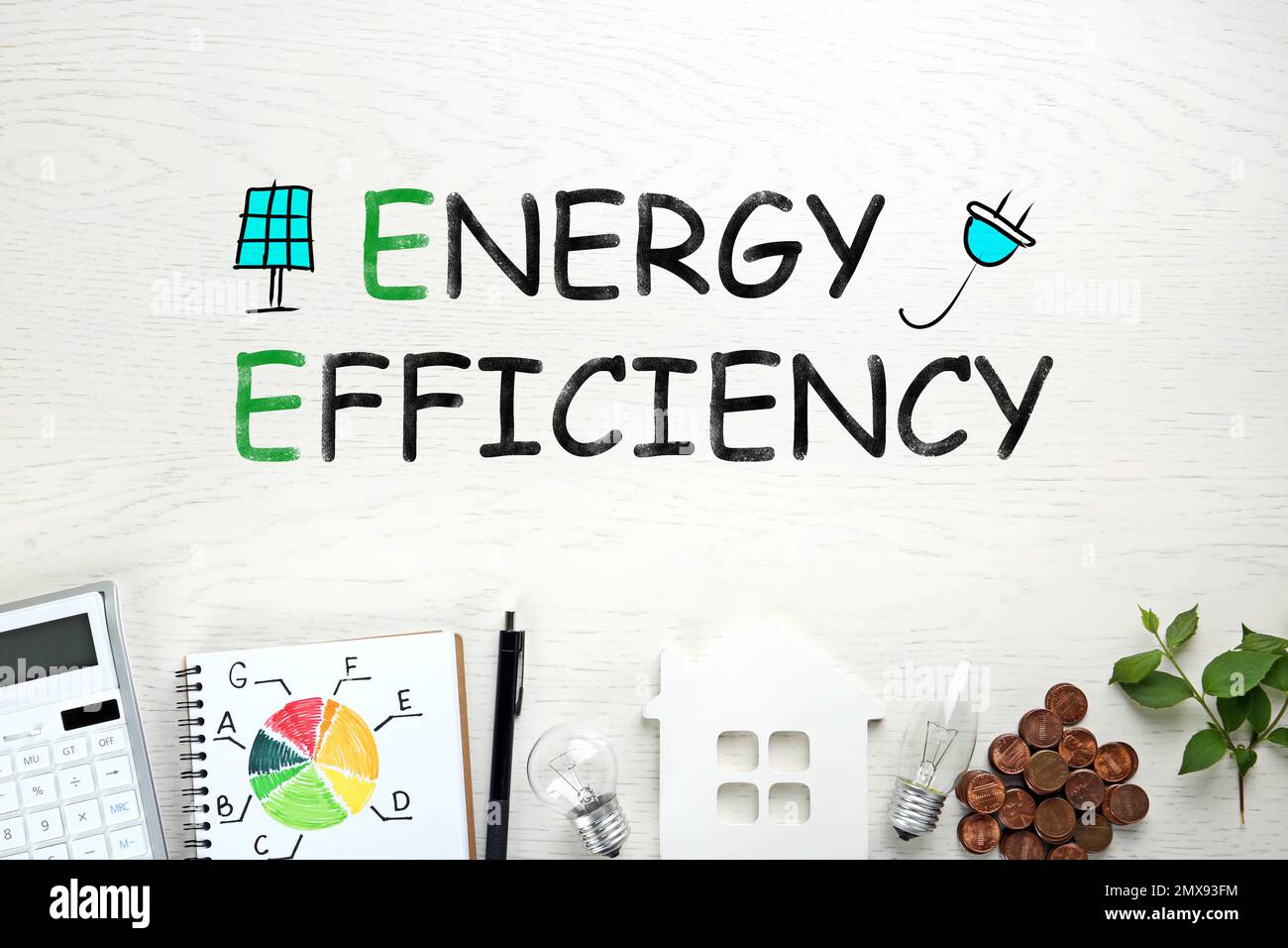 Energy efficiency concept. Flat lay composition with chart and house ...