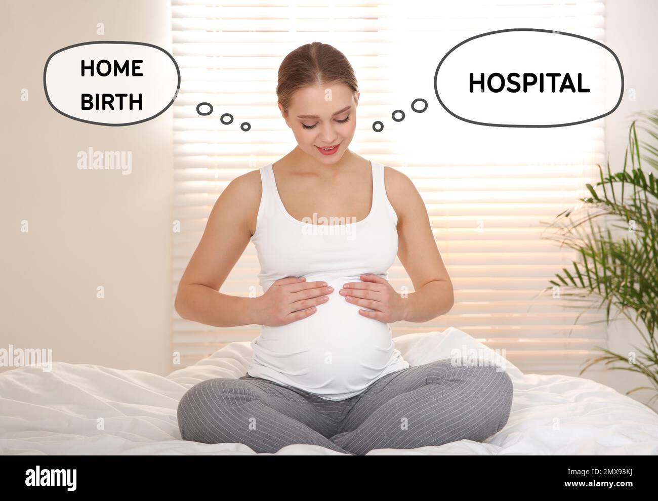 Young pregnant woman on bed at home. Choice between Hospital and Home ...