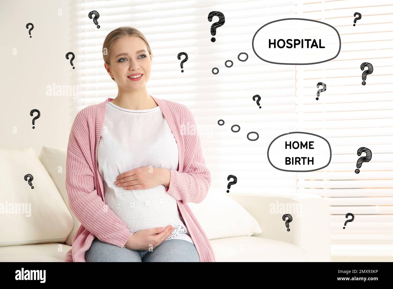 Young pregnant woman on sofa at home. Choice between Hospital and Home ...
