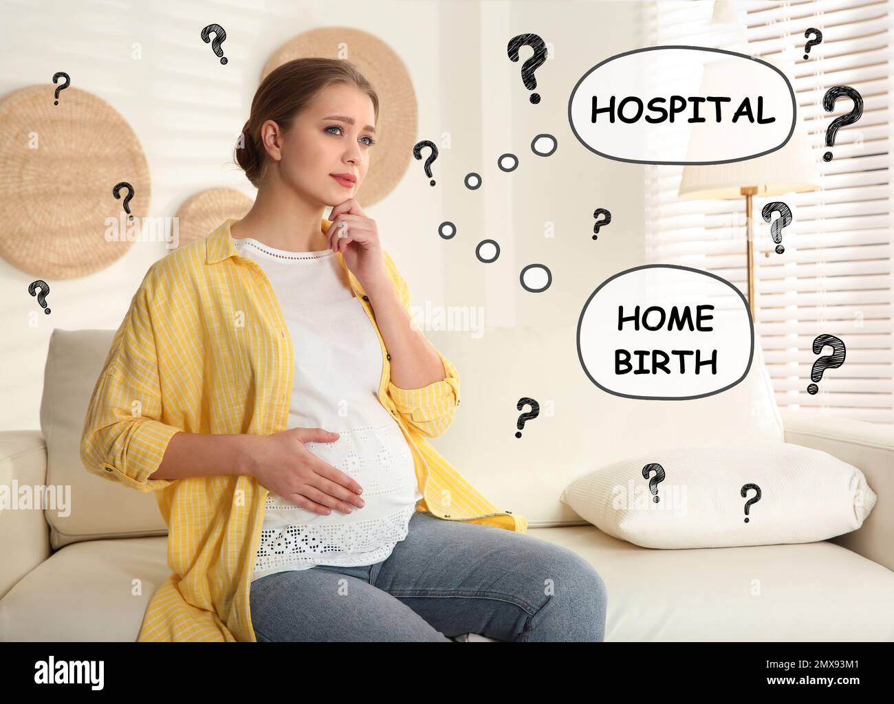 Young pregnant woman on sofa at home. Choice between Hospital and Home ...