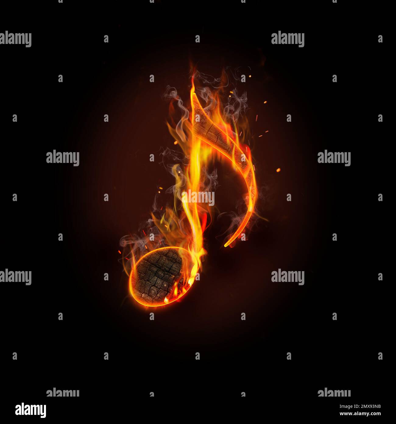 Creative image of flaming musical note on abstract dark background ...