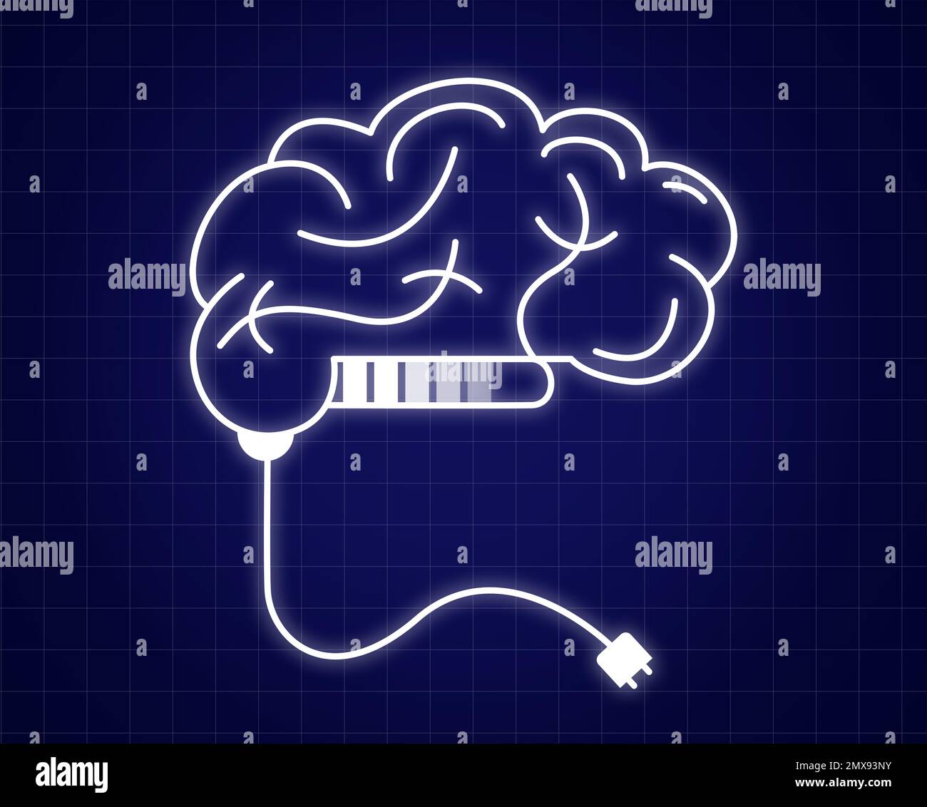 Illustration of human brain with plug on blue background Stock Photo ...