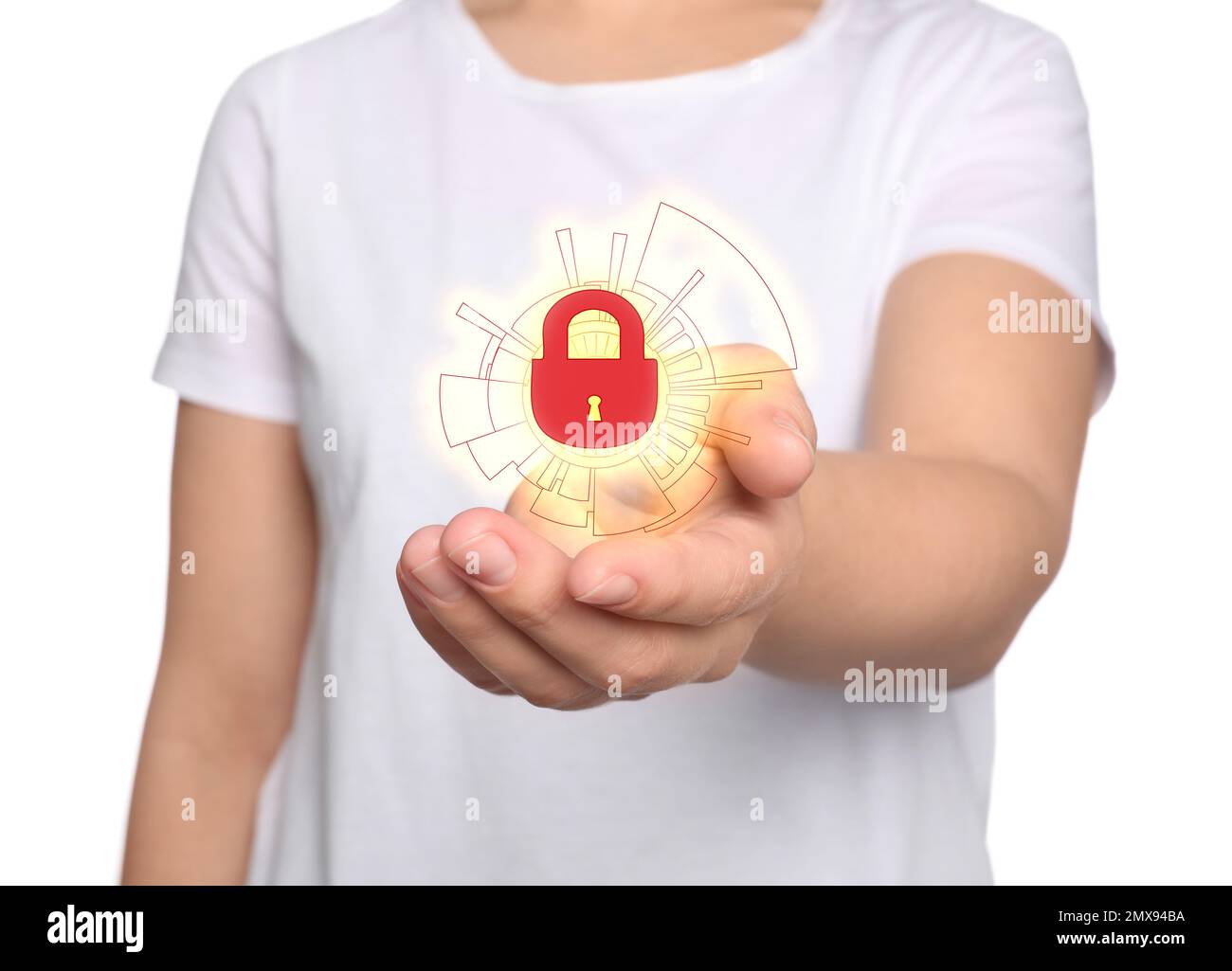 Cyber crime protection. Man demonstrating digital lock symbol, closeup ...