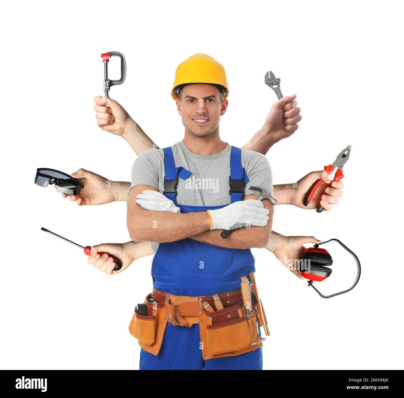 Multitasking concept. Handyman with different tools on white background ...
