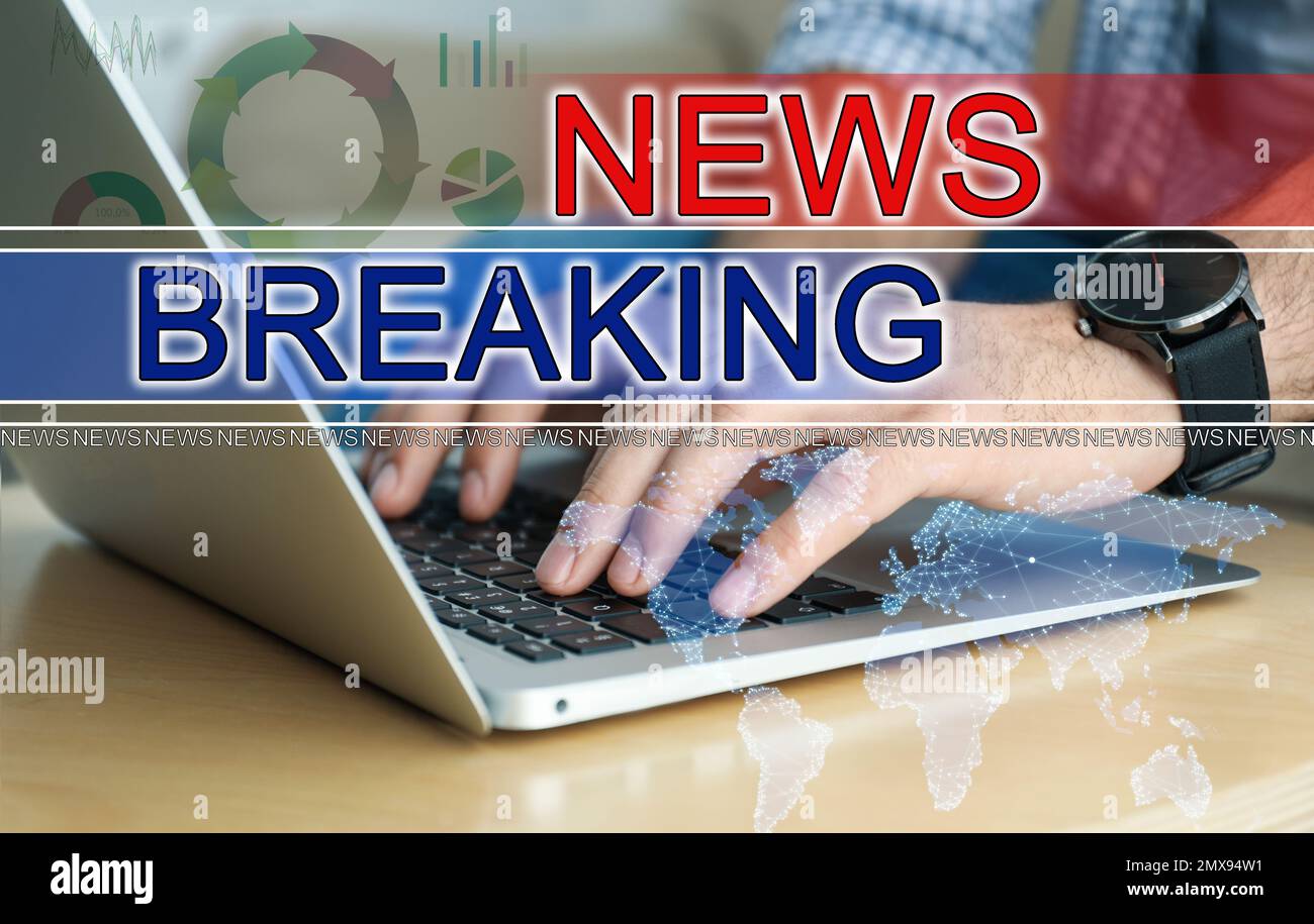 Breaking News. Journalist working with laptop indoors, closeup. Digital ...