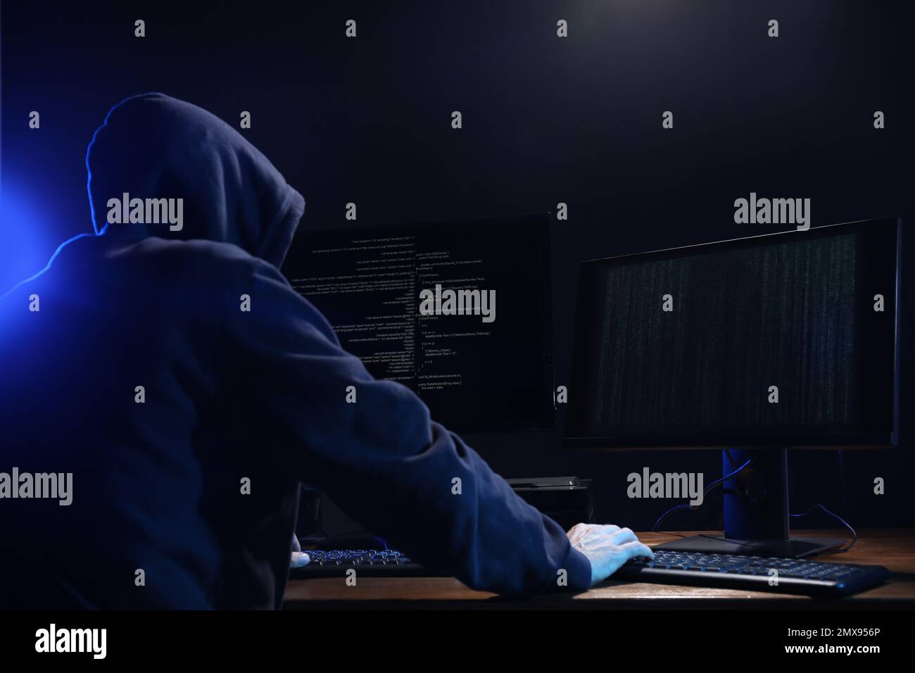 Hacker with computers in dark room. Cyber crime Stock Photo - Alamy
