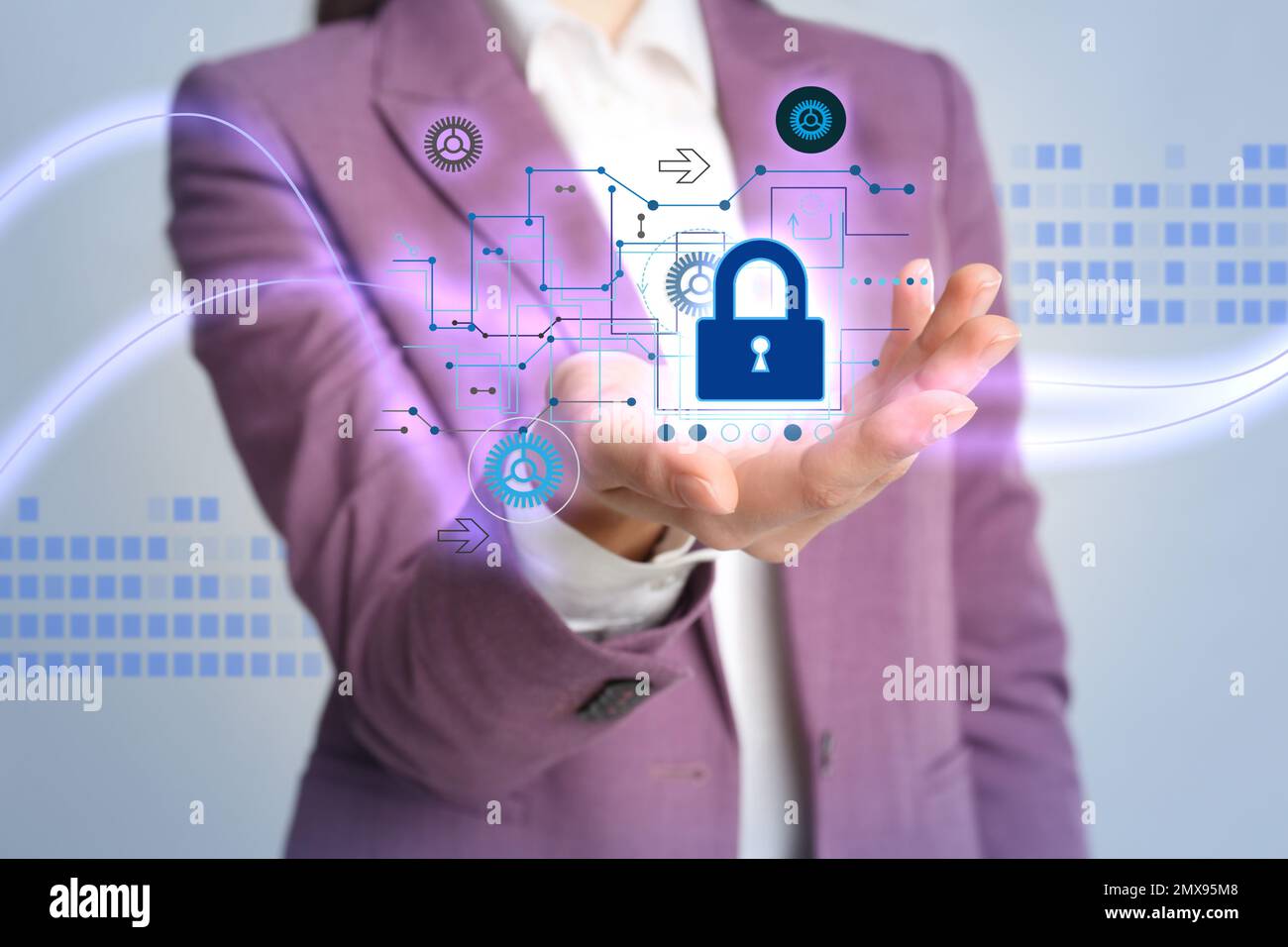 Cyber crime protection. Businesswoman demonstrating digital lock symbol ...