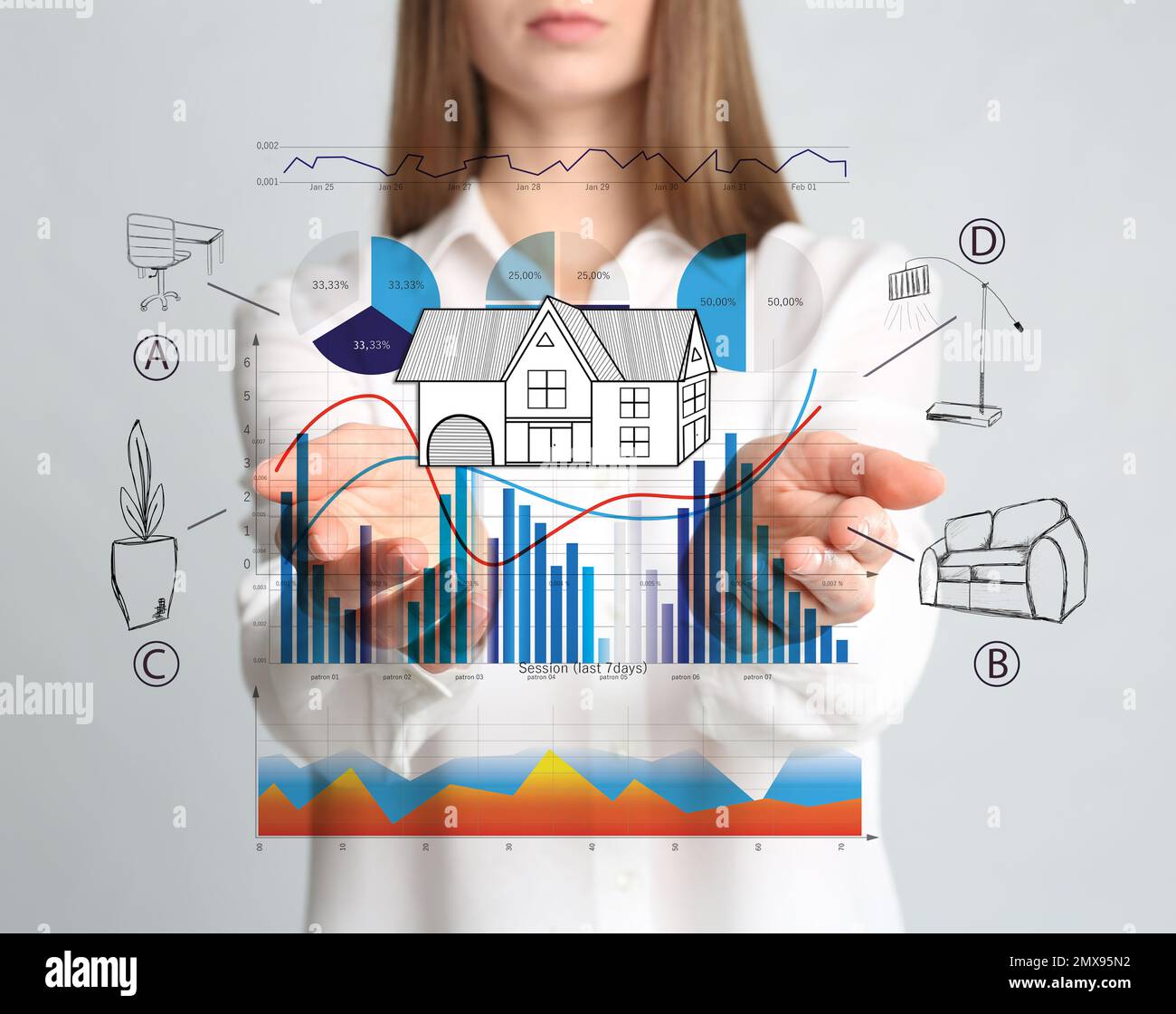 Designer presenting project of house with interior elements and charts ...