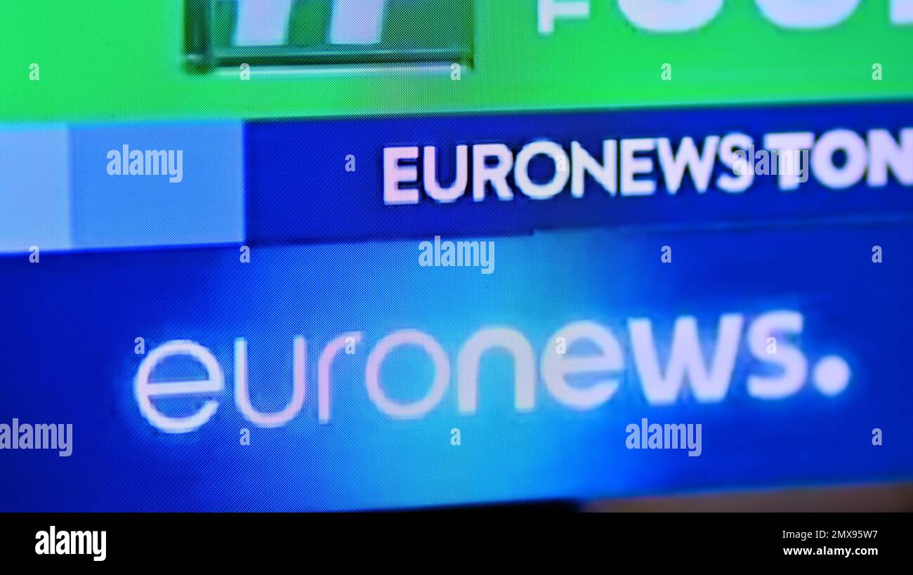 Warsaw, Poland. 21 February 2022. Photo of Euro News logo on a tv ...
