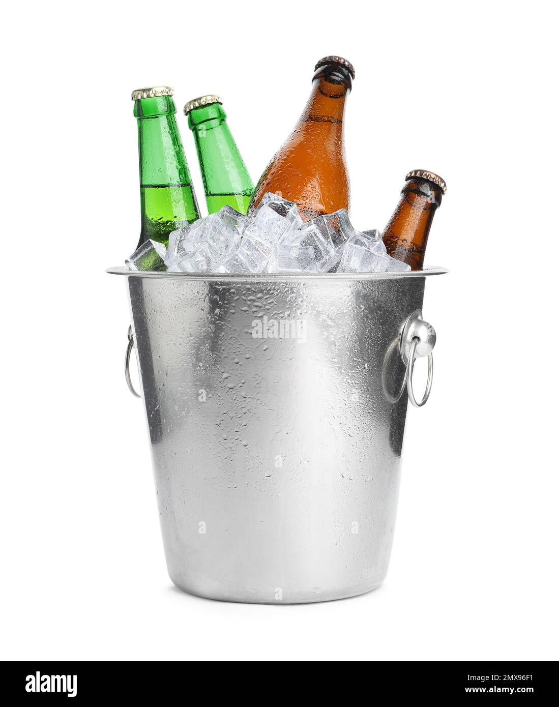 Metal bucket with bottles of beer and ice cubes isolated on white Stock ...