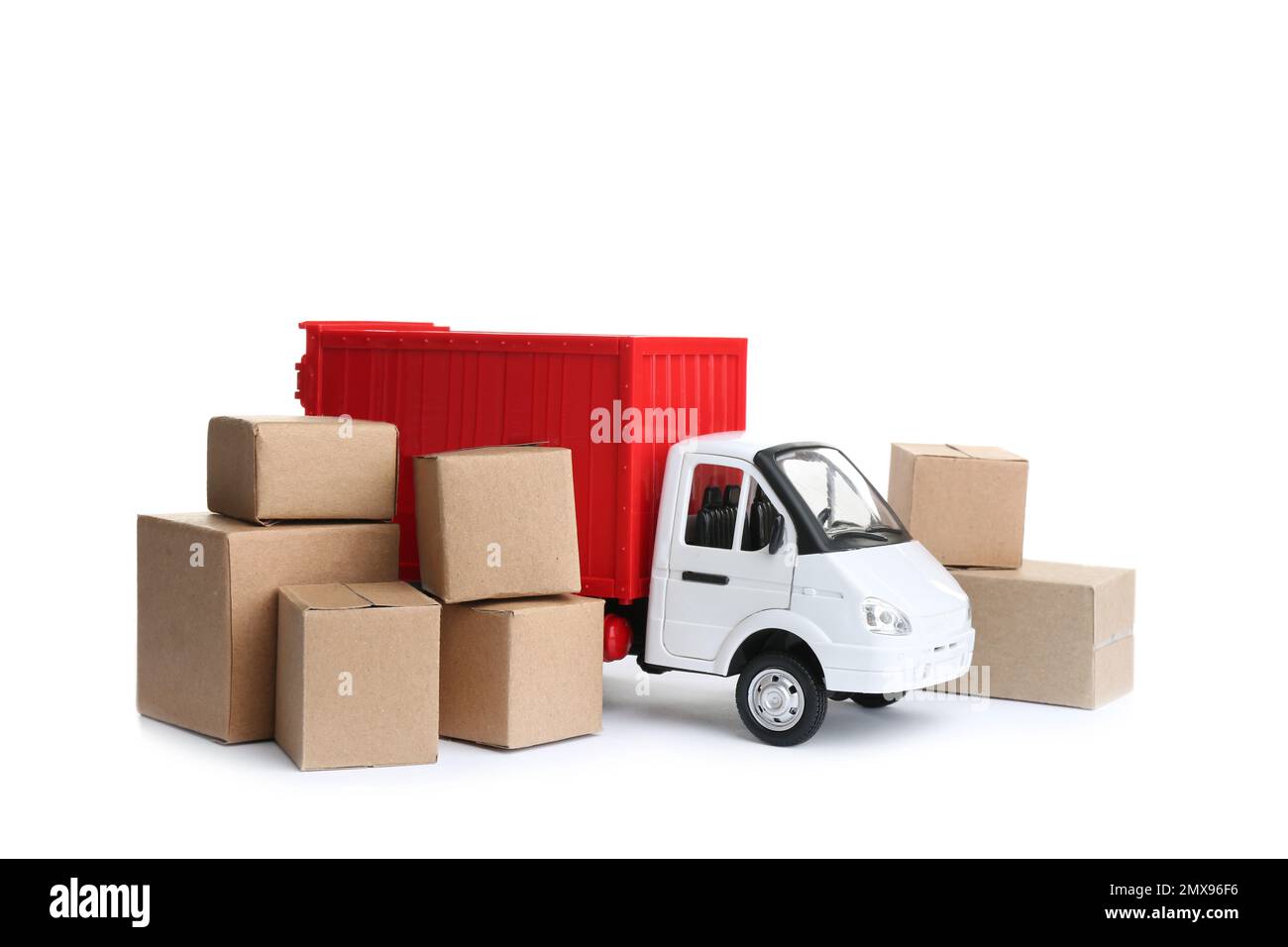 Truck model and carton boxes on white background. Courier service Stock ...