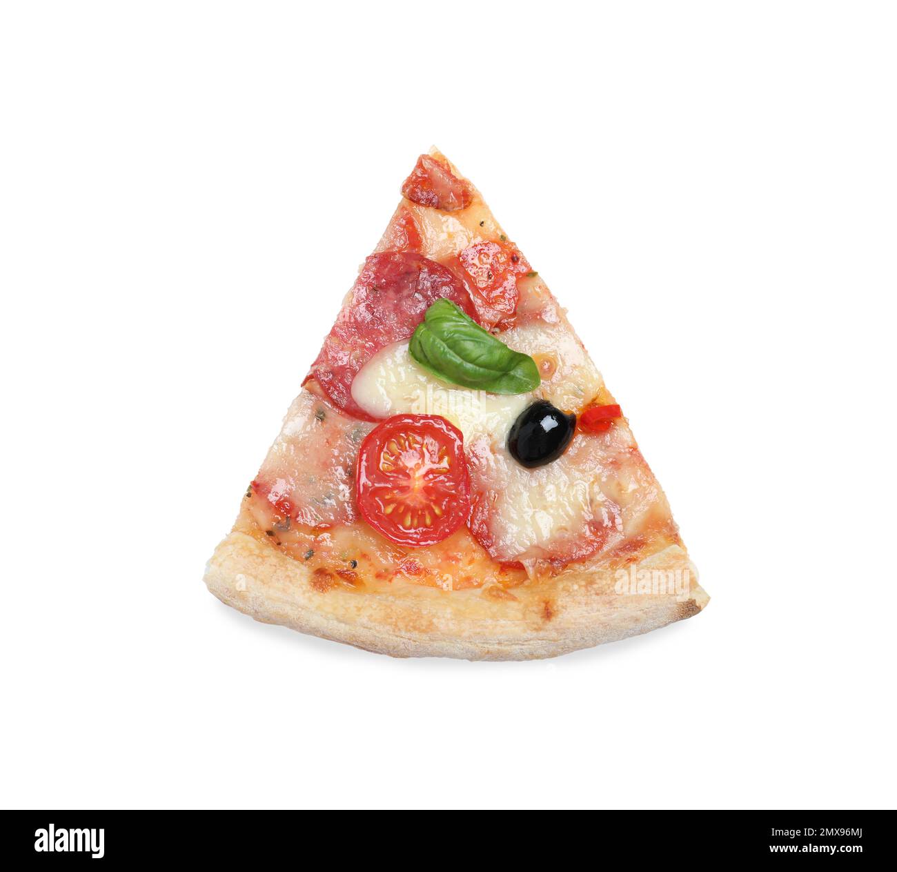 Slice of delicious pizza Diablo isolated on white, top view Stock Photo ...