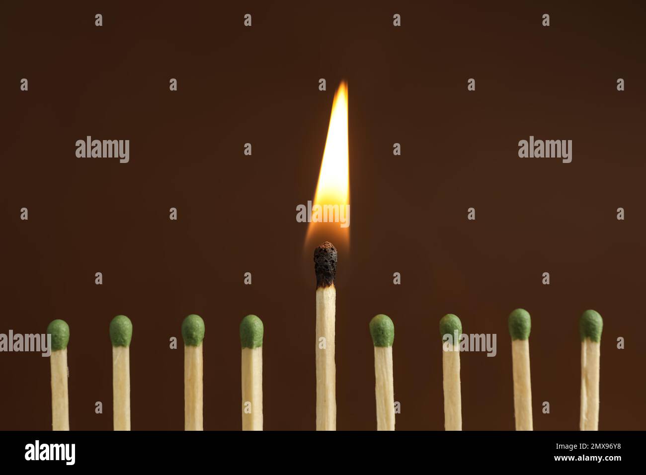 Burning match among unlit ones on brown background, closeup Stock Photo ...