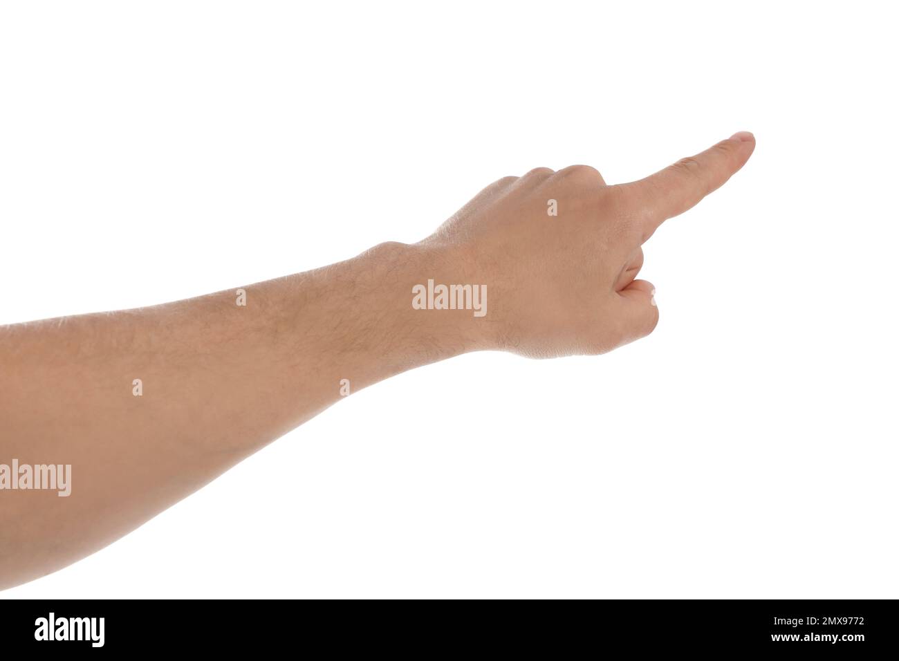 Man pointing at something against white background, closeup of hand ...