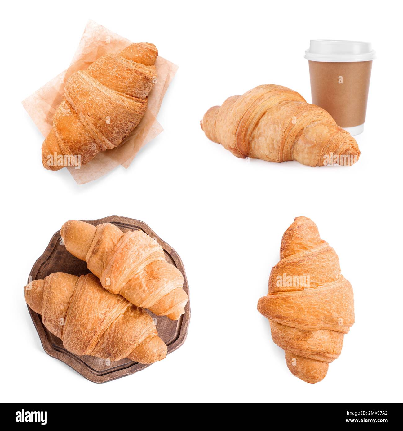 Collage of tasty fresh croissants on white background. French pastry ...