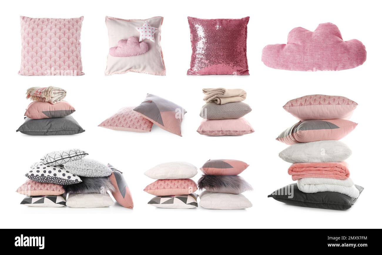 Set of different pillows on white background Stock Photo - Alamy