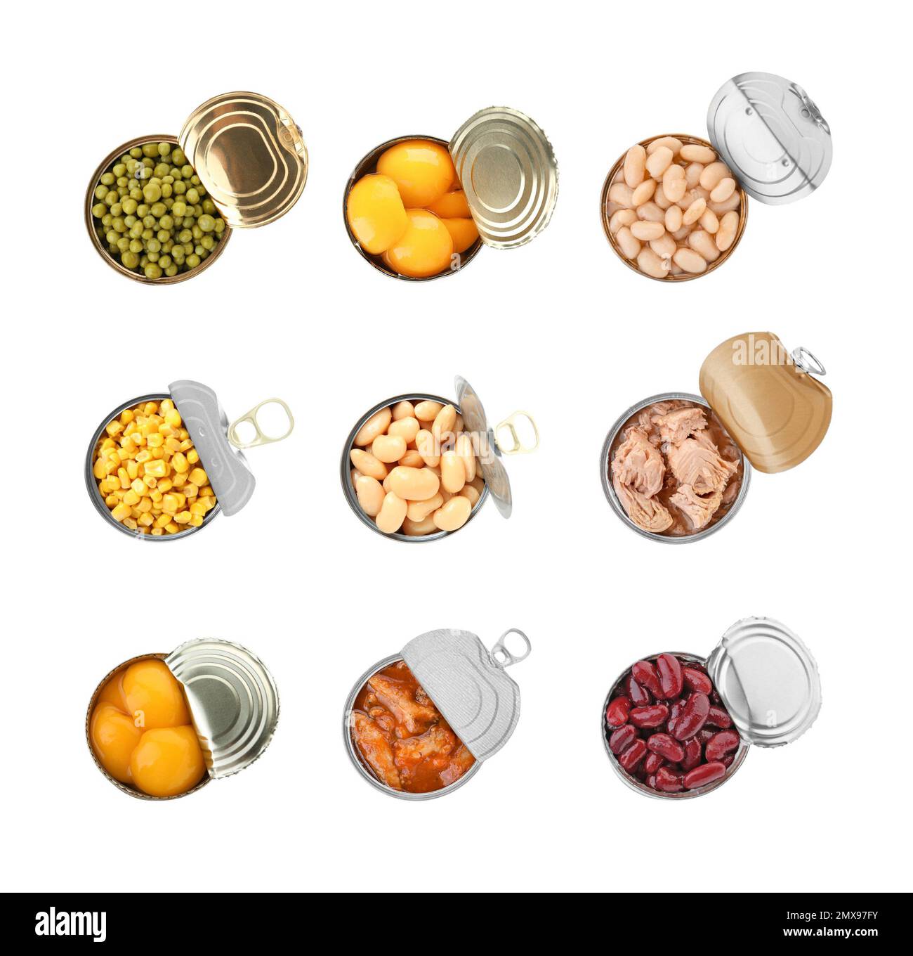 Set of different canned food on white background, top view Stock Photo ...