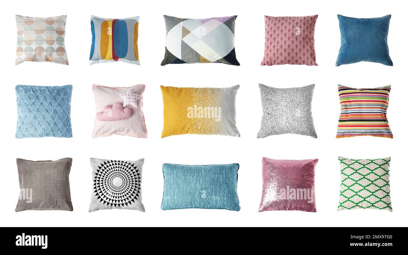 Set of different pillows on white background Stock Photo - Alamy