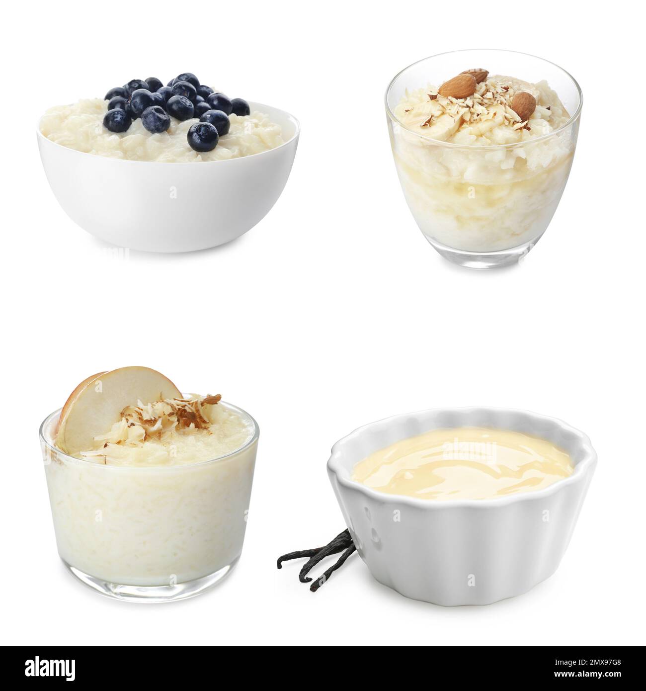 Set of vanilla and rice puddings on white background Stock Photo - Alamy
