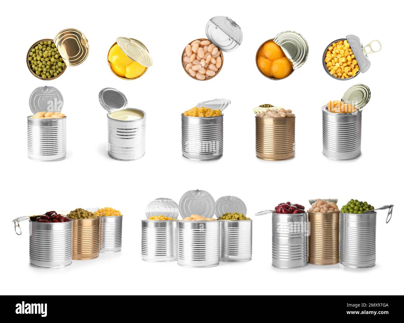 Set of different canned food on white background Stock Photo - Alamy