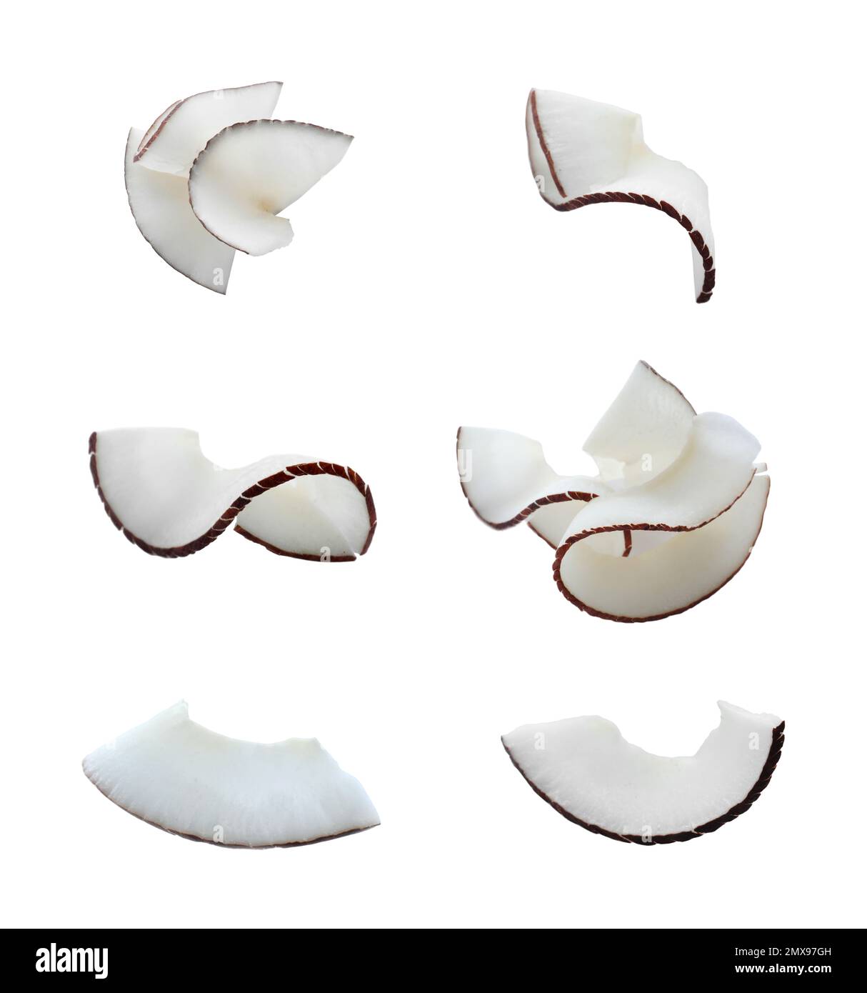 Set with fresh coconut flakes isolated on white Stock Photo - Alamy