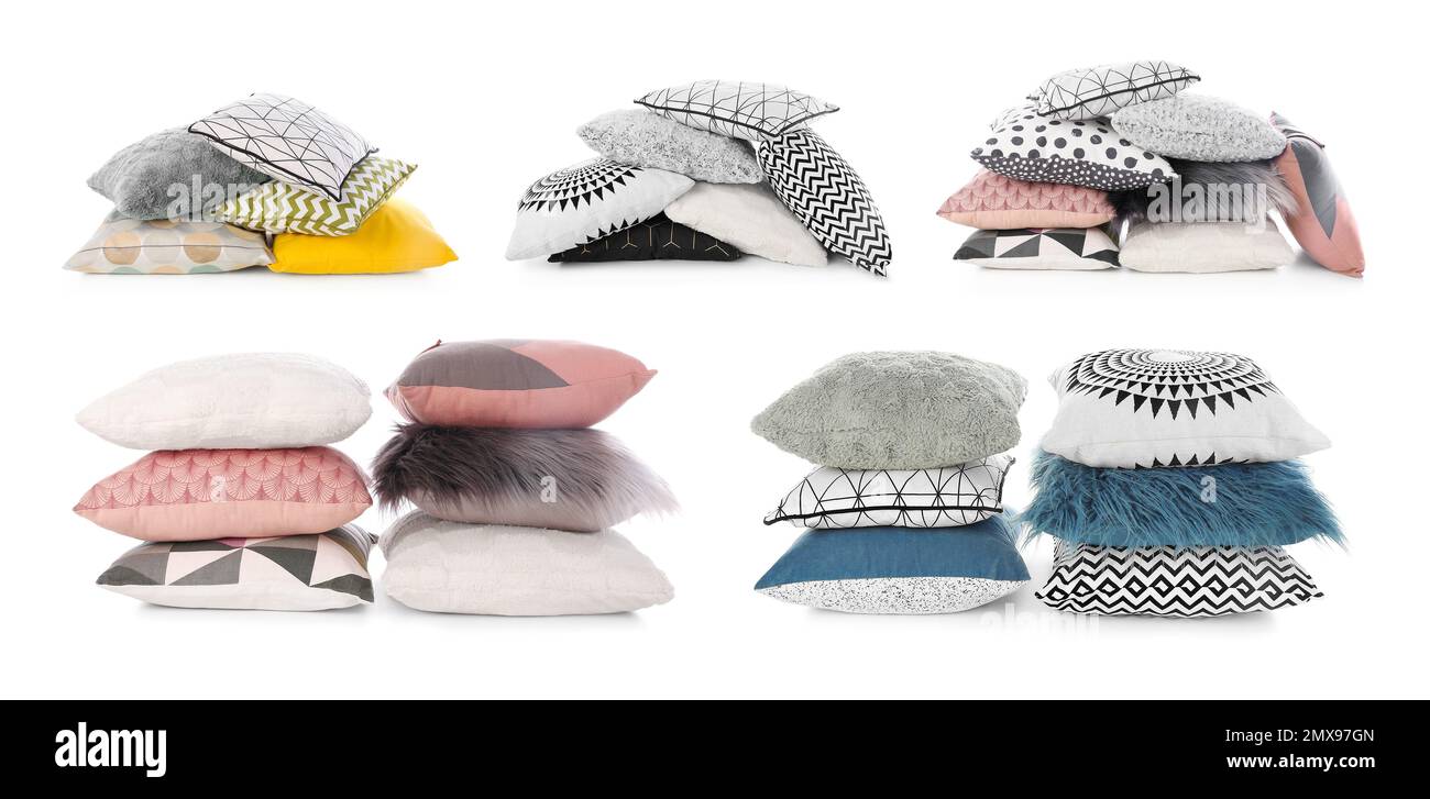 Set of different pillows on white background. Banner design Stock Photo - Alamy