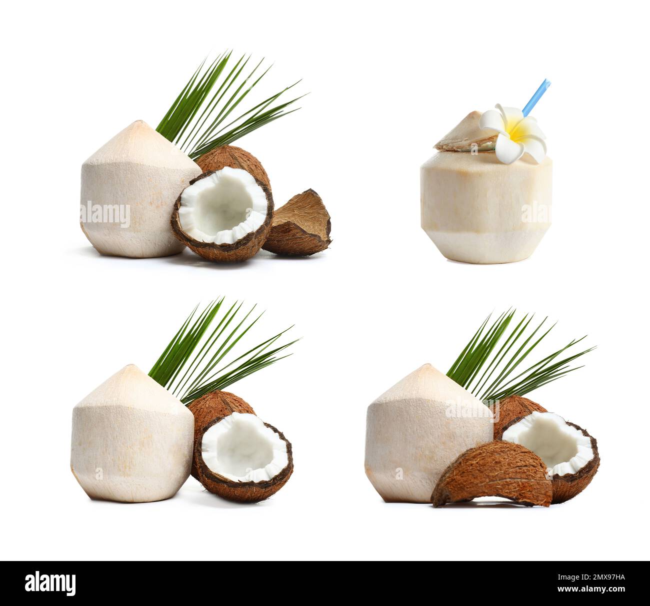 Set of fresh coconut drinks isolated on white Stock Photo - Alamy